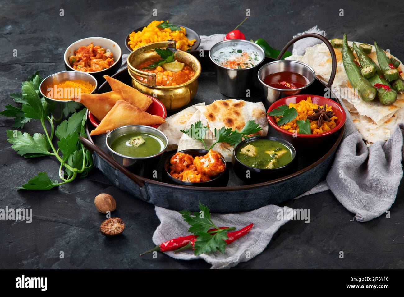Indian Thali on dark background. Traditional food concept. Organic food ...