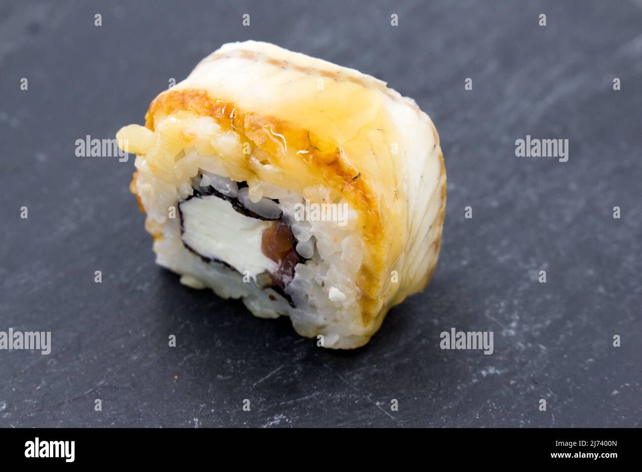 Roll fried eel fillet, slightly salted trout, fresh cucumber, curd ...
