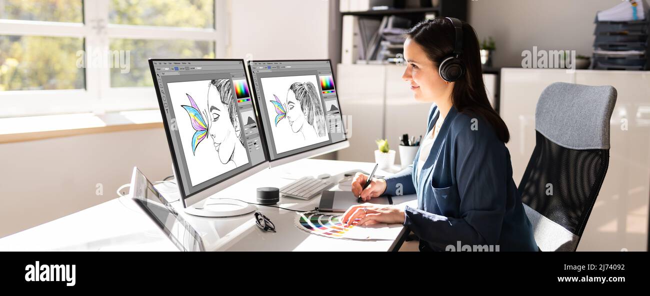 Graphic Web Designer Artist Using Computer To Design Stock Photo - Alamy