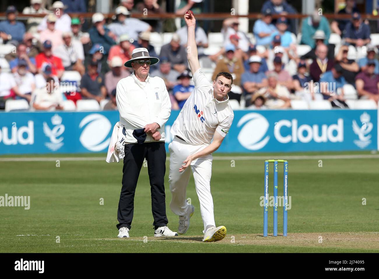 Harry Brook in bowling action for Yorkshire during Essex CCC vs ...