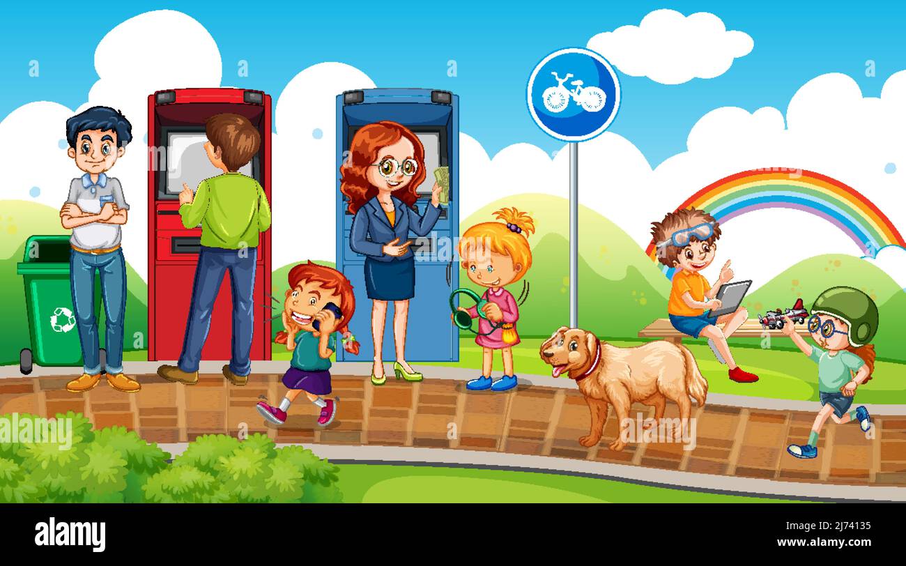 People waiting in line near atm machine illustration Stock Vector Image ...