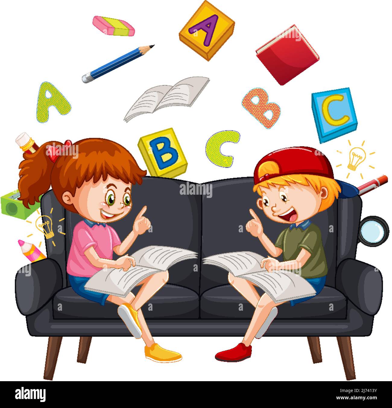 Children reading books on white background illustration Stock Vector ...