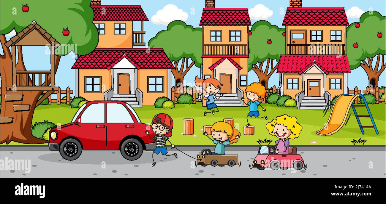 Outdoor scene with doodle house cartoon illustration Stock Vector Image ...