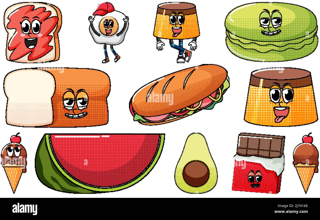 Set of facial expression with vintage style food cartoon on white ...