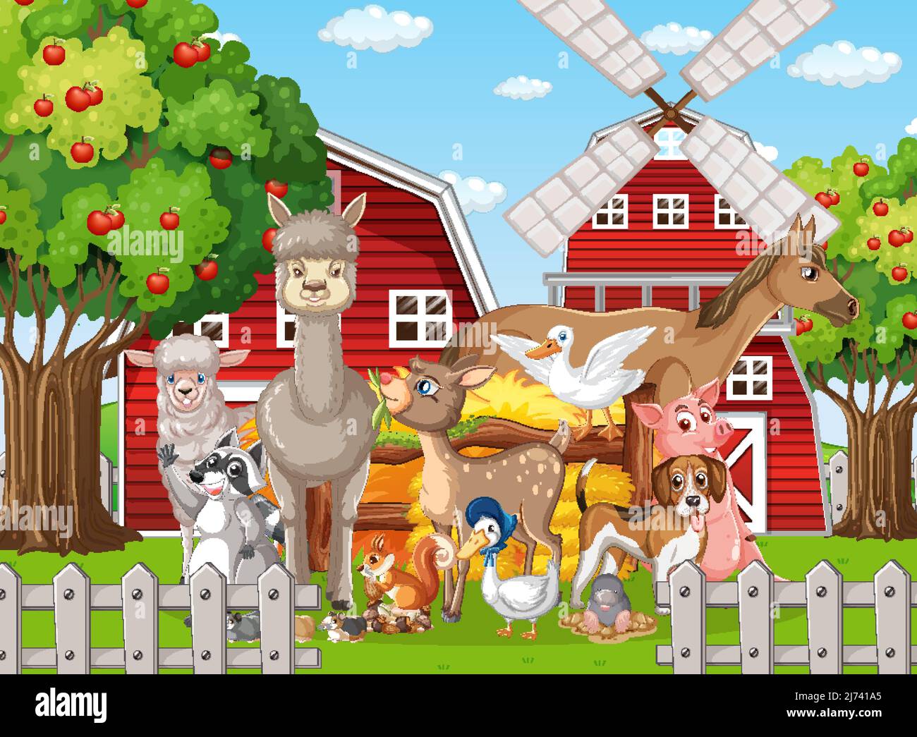 Farm scene with many animals in the barn illustration Stock Vector ...