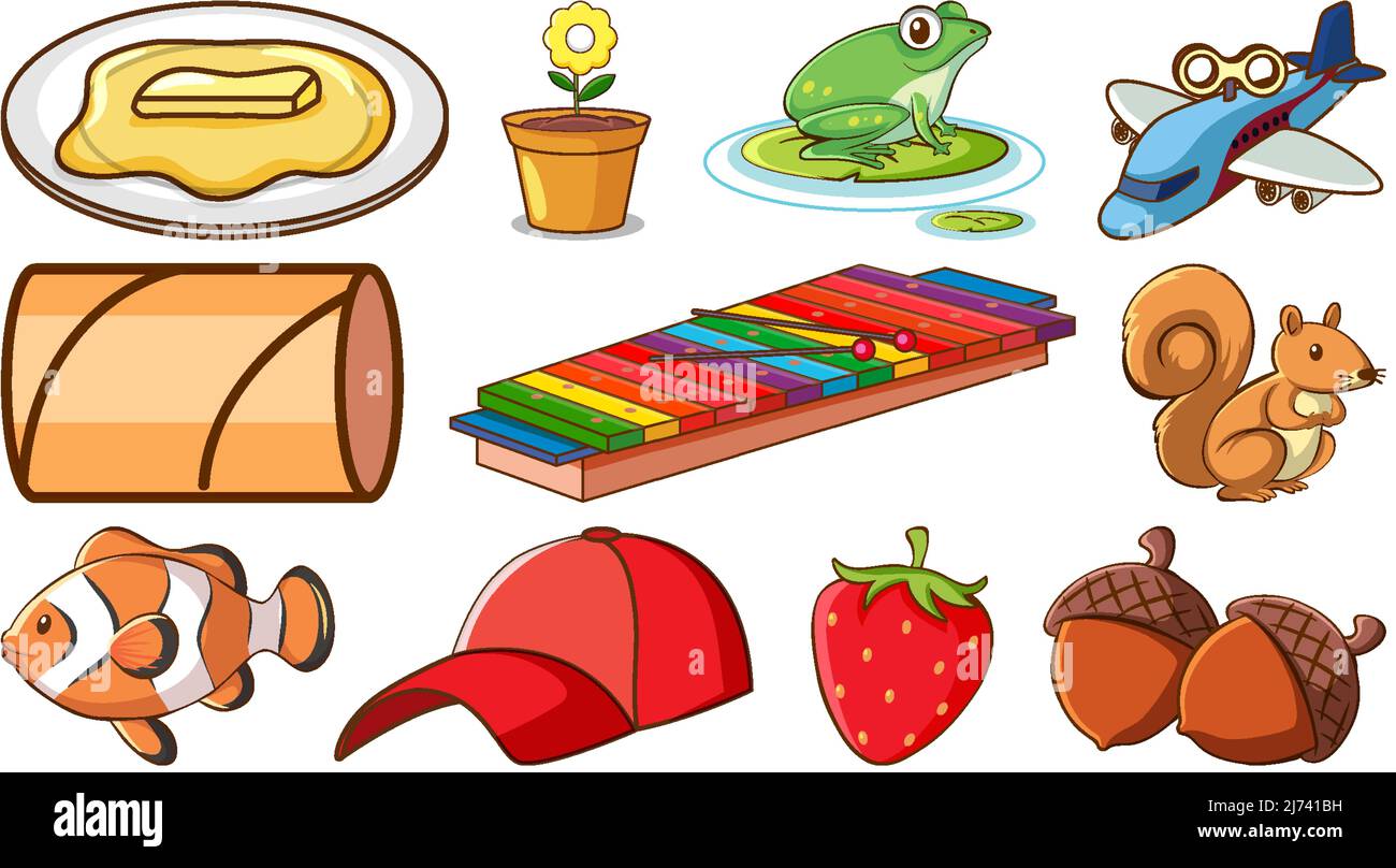 Cute animals and other items on white background illustration Stock ...