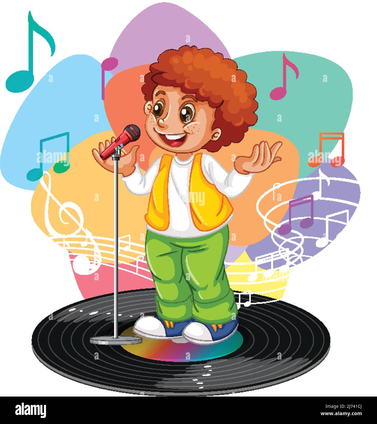 Singer boy cartoon character with melody symbols illustration Stock ...