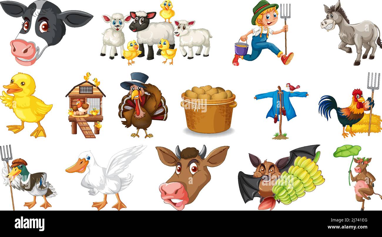Many farm animals on white background illustration Stock Vector Image ...