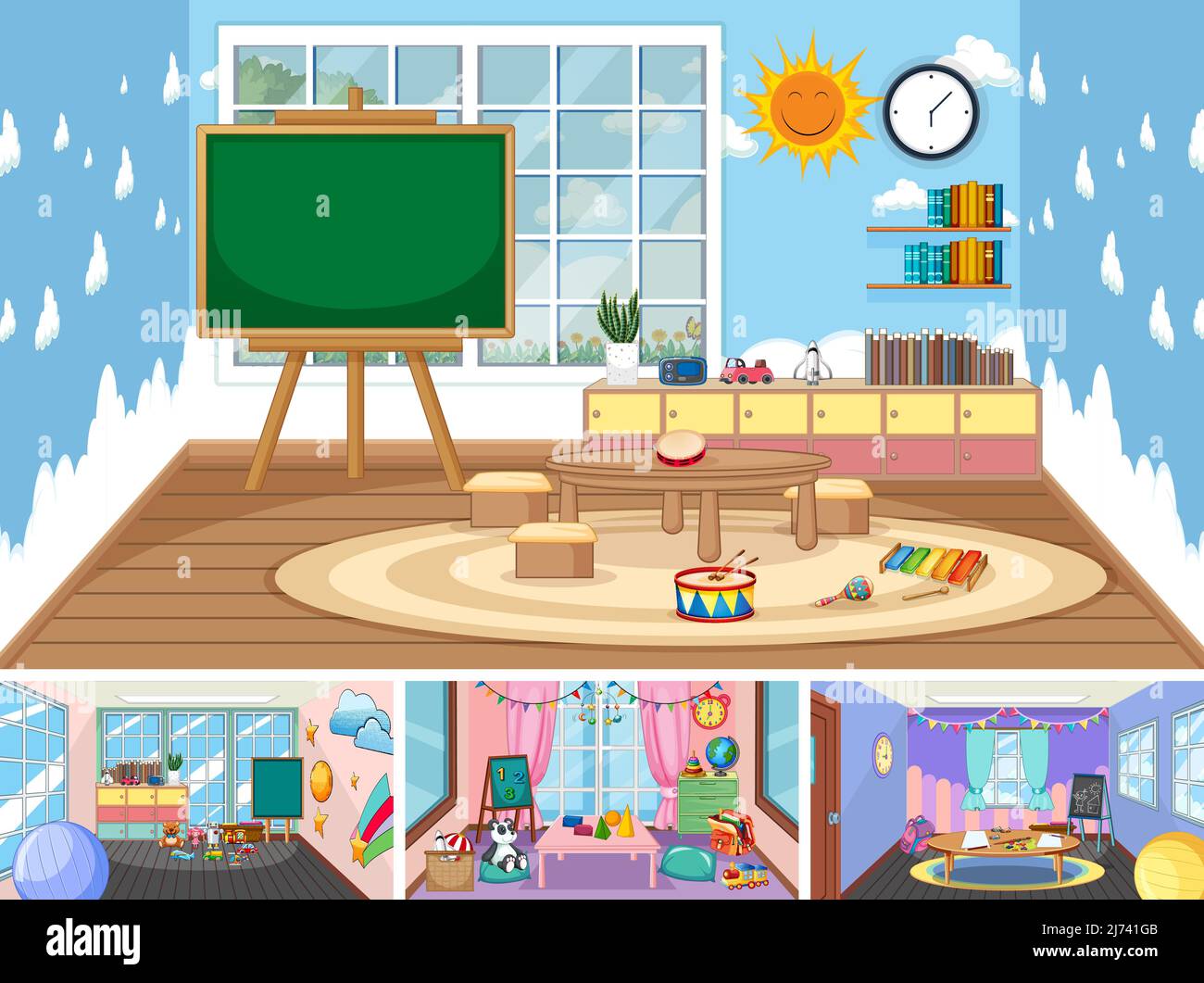 Set of different kindergarten classroom scenes illustration Stock ...