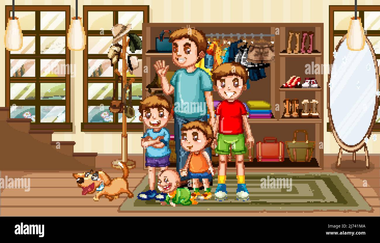 Boys group standing in clothing store illustration Stock Vector Image ...