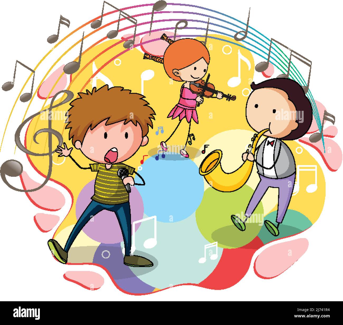 Doodle children with music instrument and melody illustration Stock ...