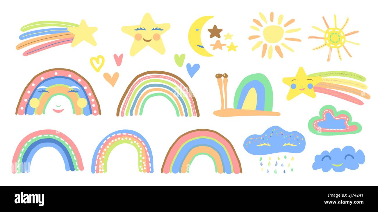 Children Rainbow, Sun, Cloud, Snail, Star and Heart Pastel Hand Drawn ...