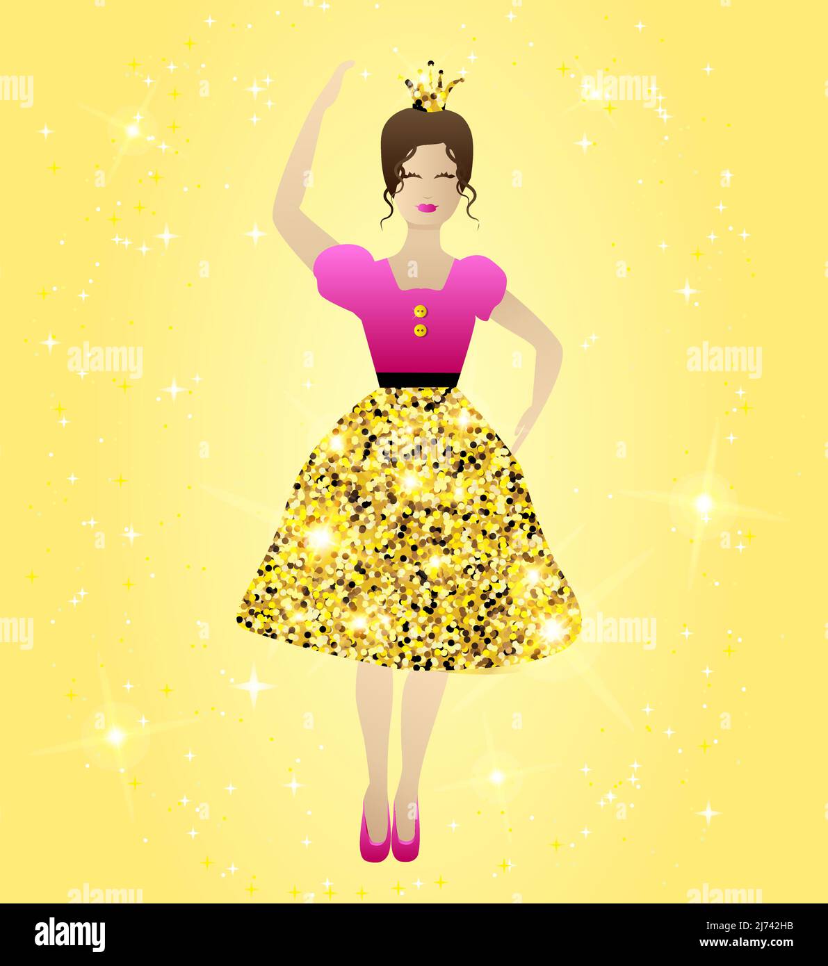 Gold Sparkle Princess Illustration Design in Pink Dress with Magical ...