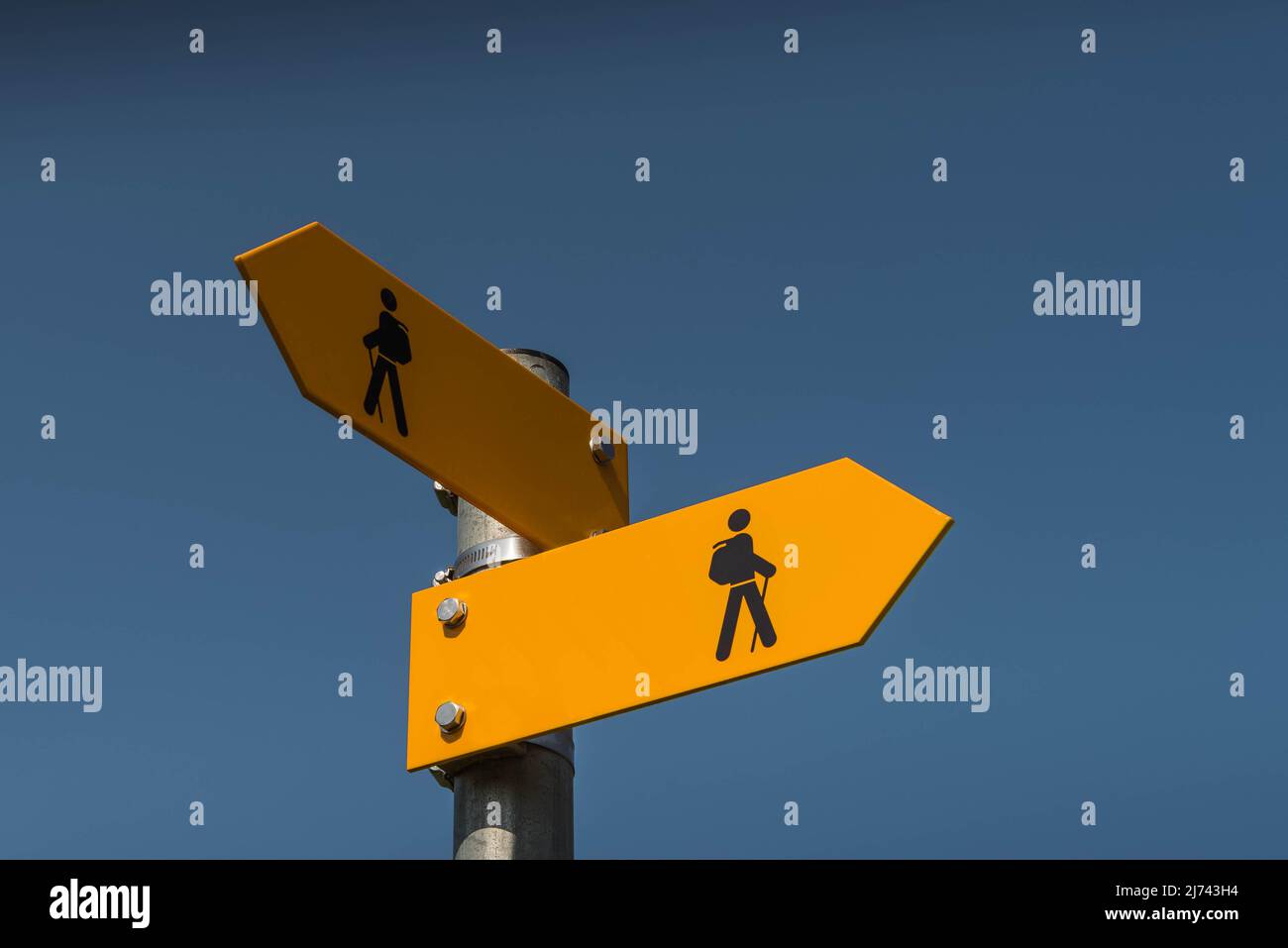 Two yellow signposts with walking figures and arrows point in different ...