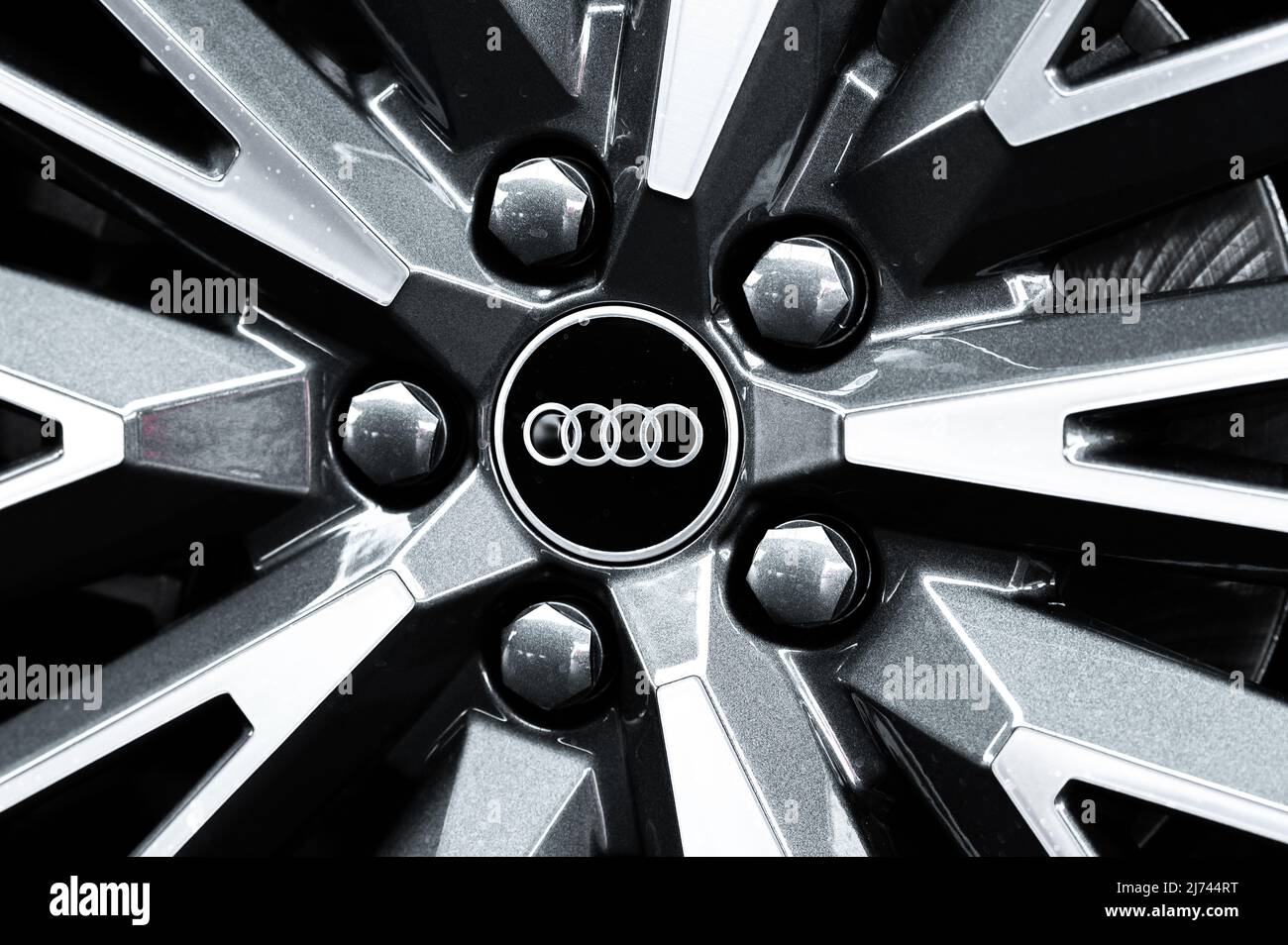 04 May 2022, Baden-Wuerttemberg, Villingen-Schwenningen: Audi's logo ...