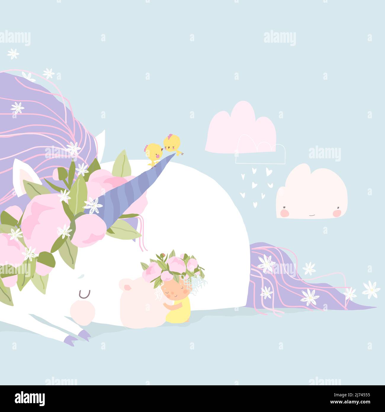Cute Cartoon Girl hugging Big Sleeping Unicorn Stock Vector Image & Art ...