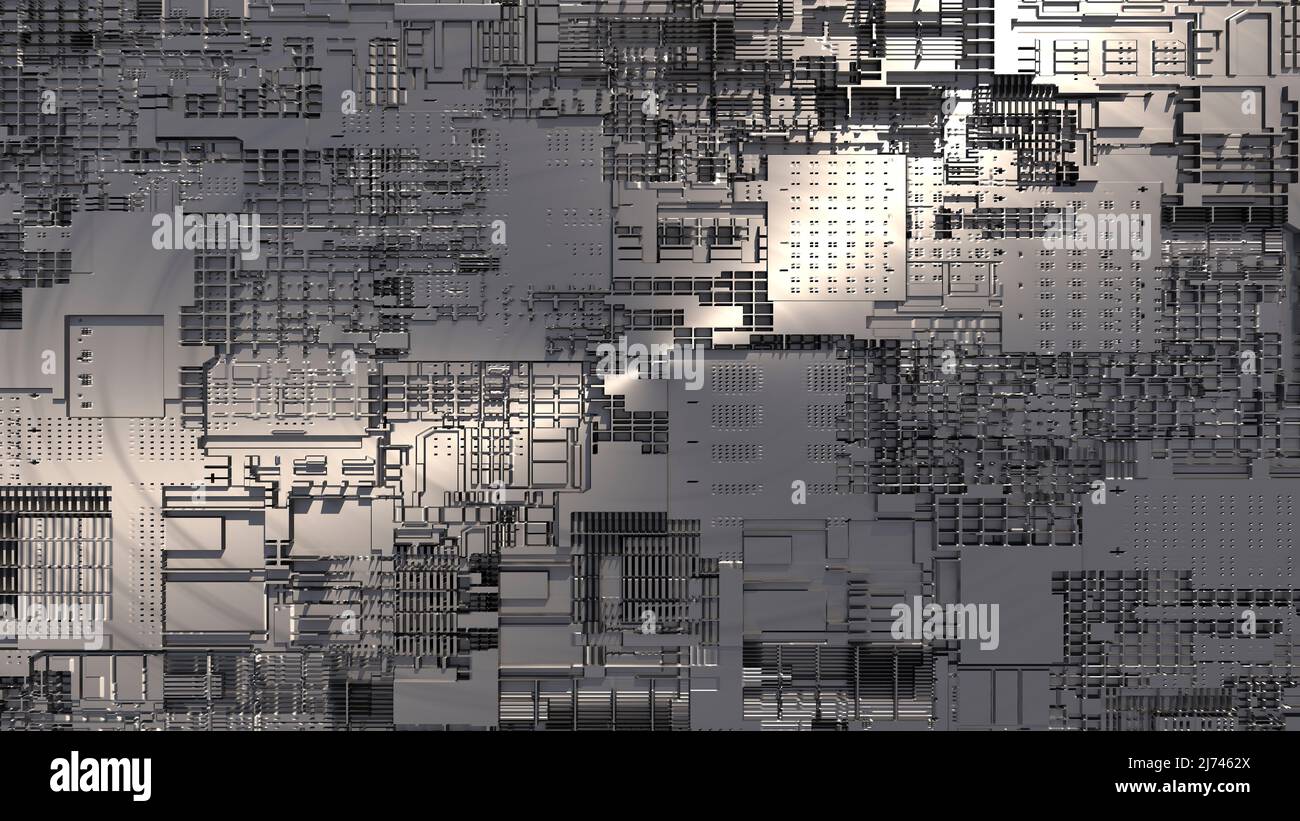 3d cpu processor chip background. Technological metal abstract illustration of microcircuit and ...