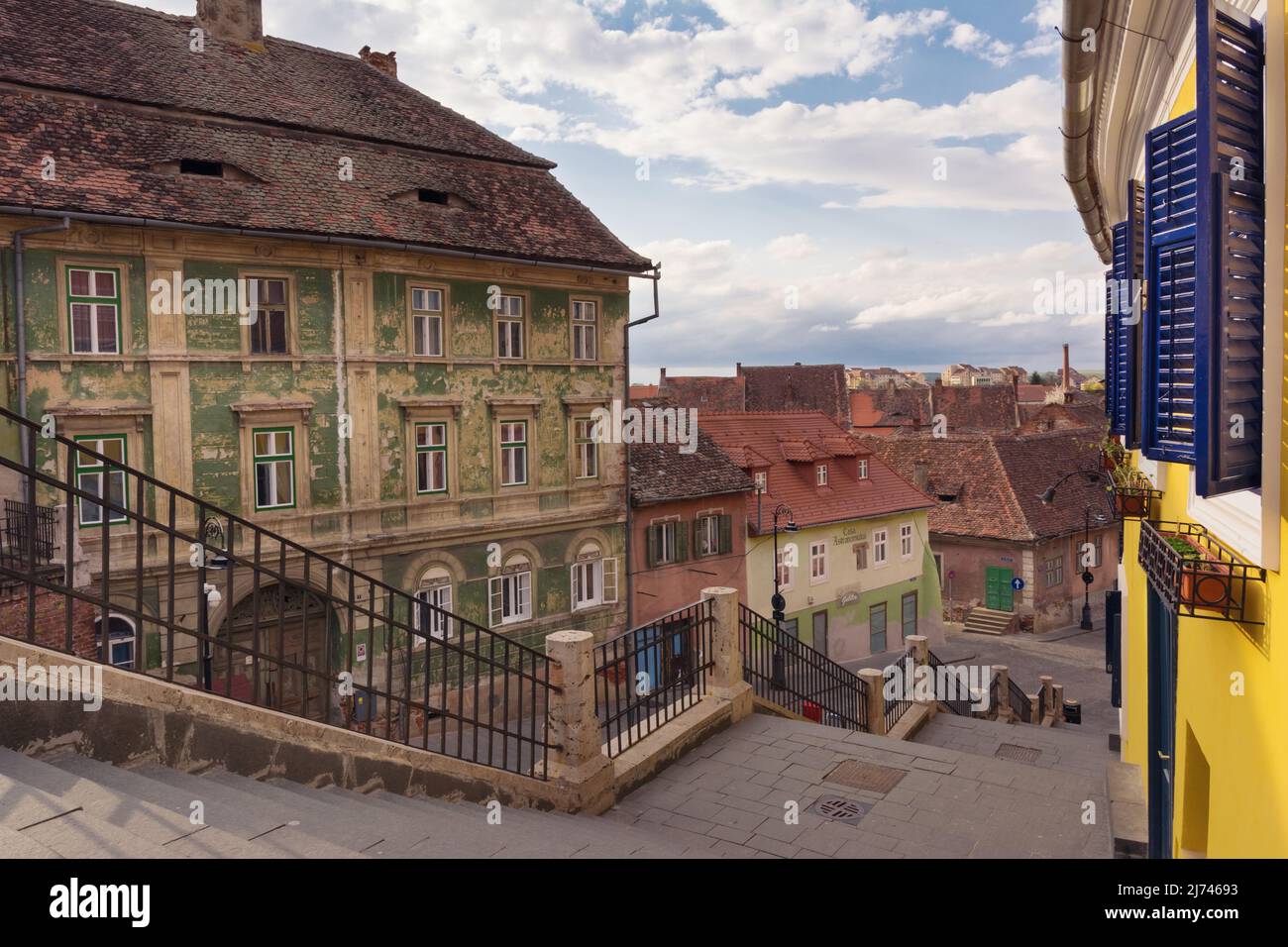 Cityscape with beautiful old buildings in historical center of Sibiu ...