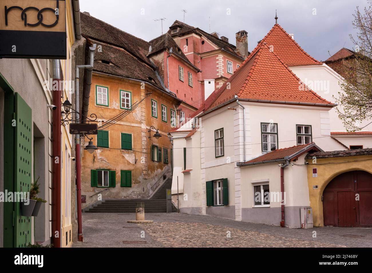 Cityscape with beautiful old buildings in historical center of Sibiu ...