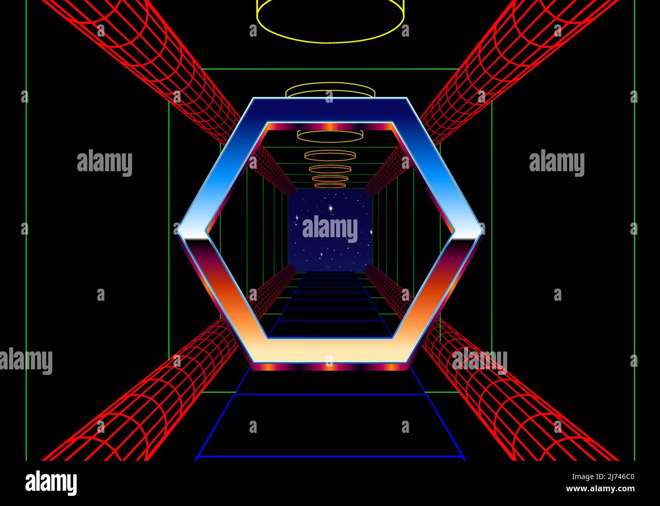 Synthwave frame with chrome hex and 80s styled synthwave arcade game ...