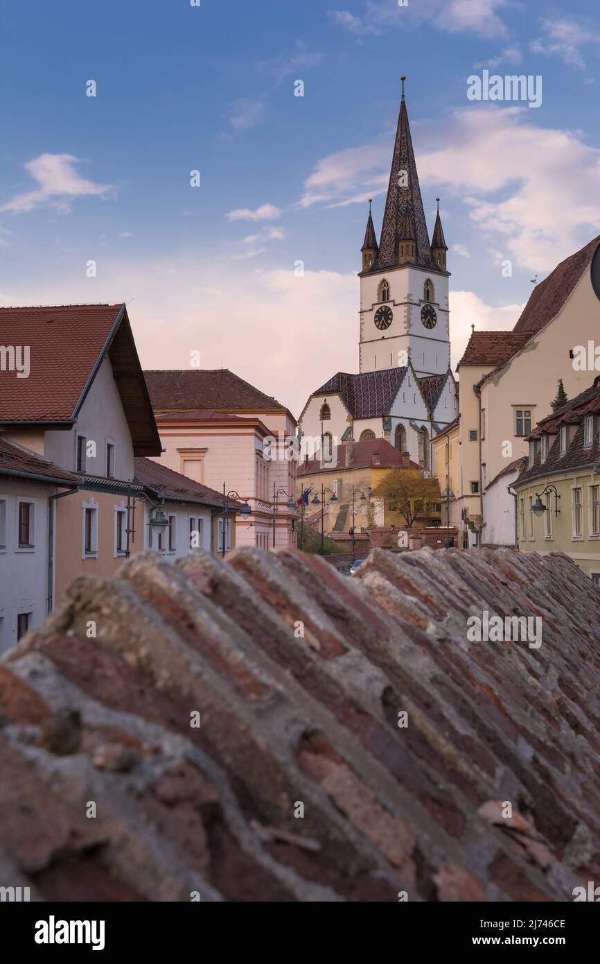 Cityscape with beautiful old buildings in historical center of Sibiu ...