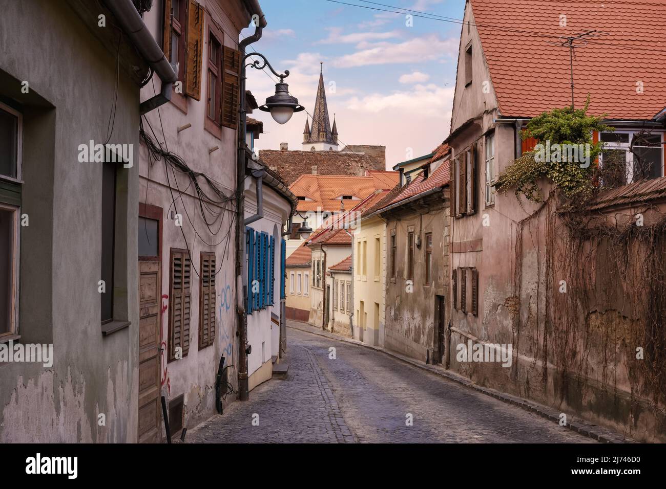 Cityscape with beautiful old buildings in historical center of Sibiu ...