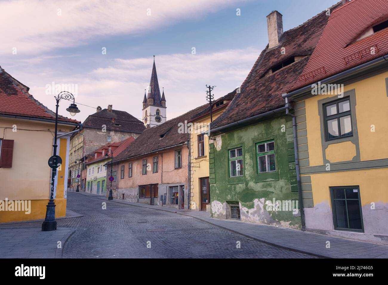 Cityscape with beautiful old buildings in historical center of Sibiu ...