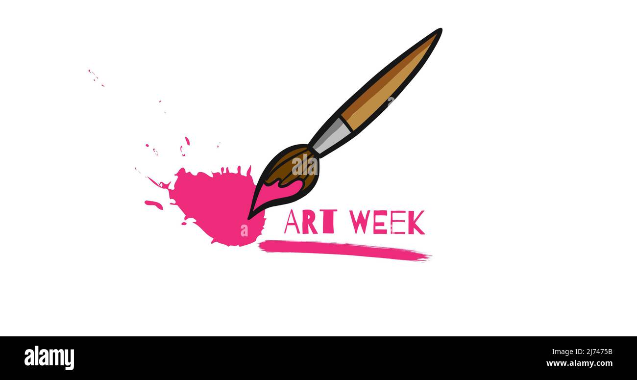 Illustration of paint brush with pink paint and art week text on white ...