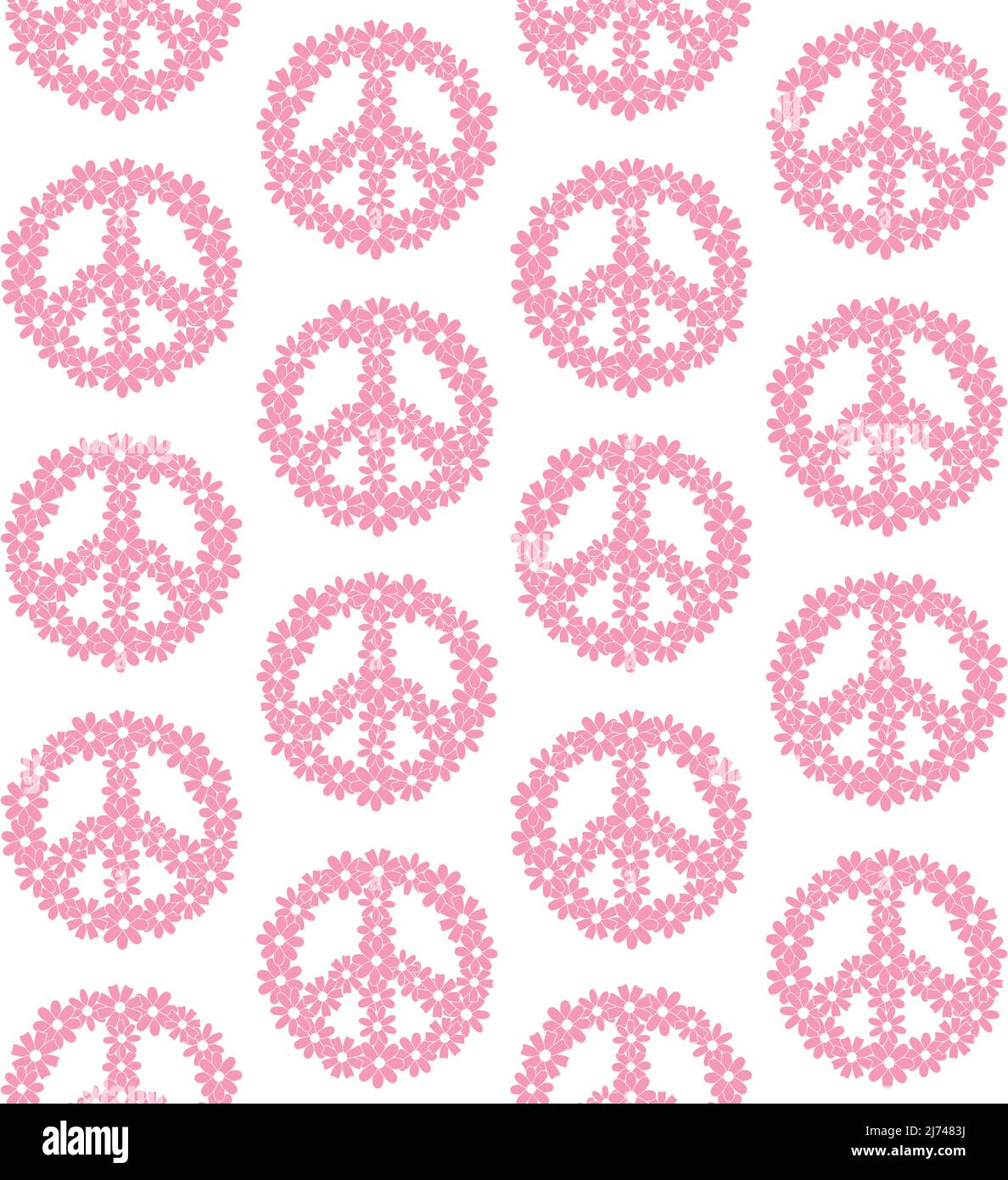 Vector seamless pattern of flat peace sign with pink flowers isolated ...