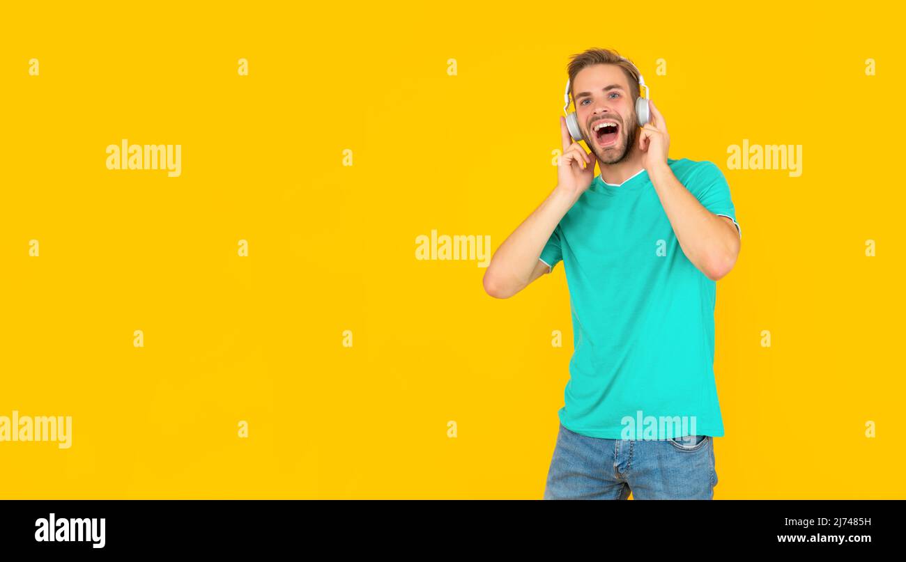 singing guy with bristle listen music on yellow background, modern ...