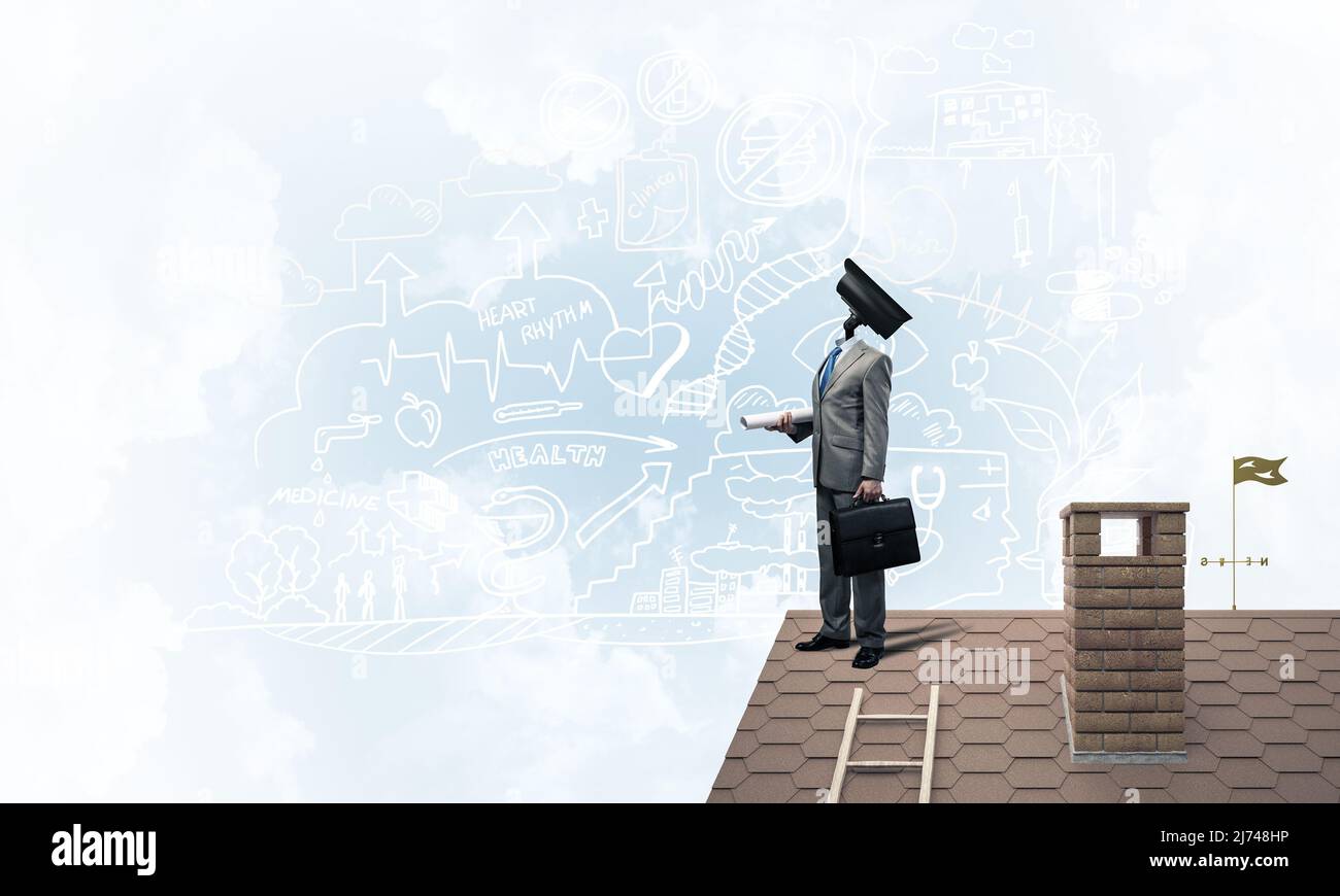 Concept of home security and privacy protection with camera headed man ...