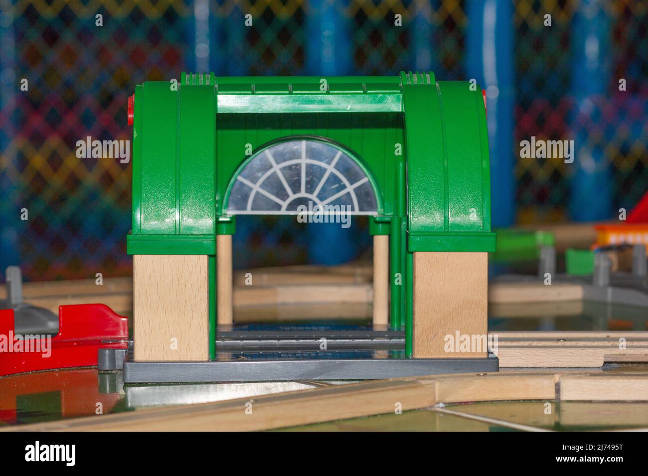Toy train station in playground center inside Stock Photo - Alamy