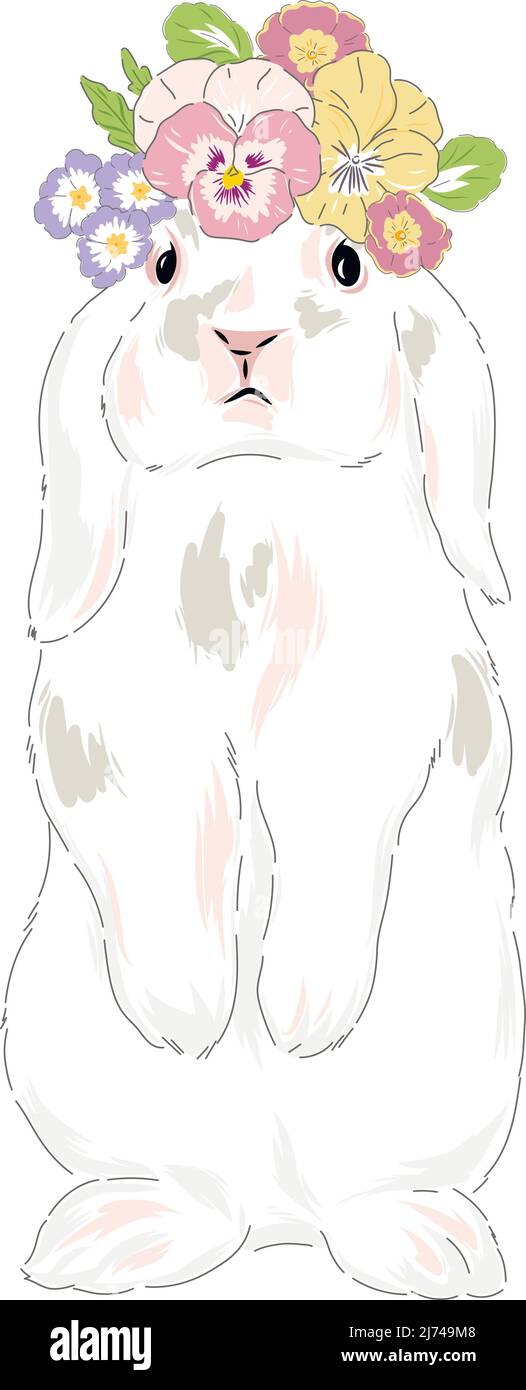 Cute spring Easter bunny in floral wreath hand drawn vector ...