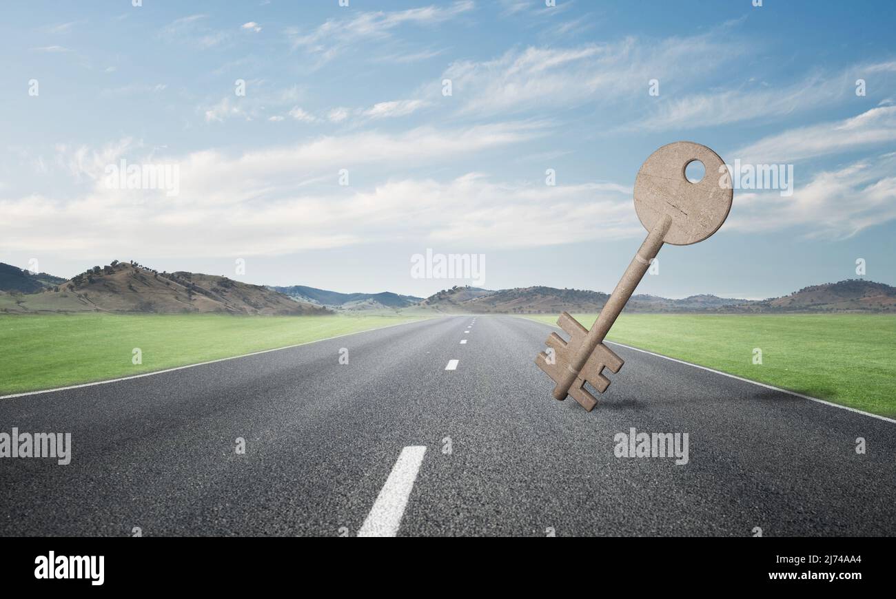 Conceptual background image of concrete key sign on asphalt road Stock ...