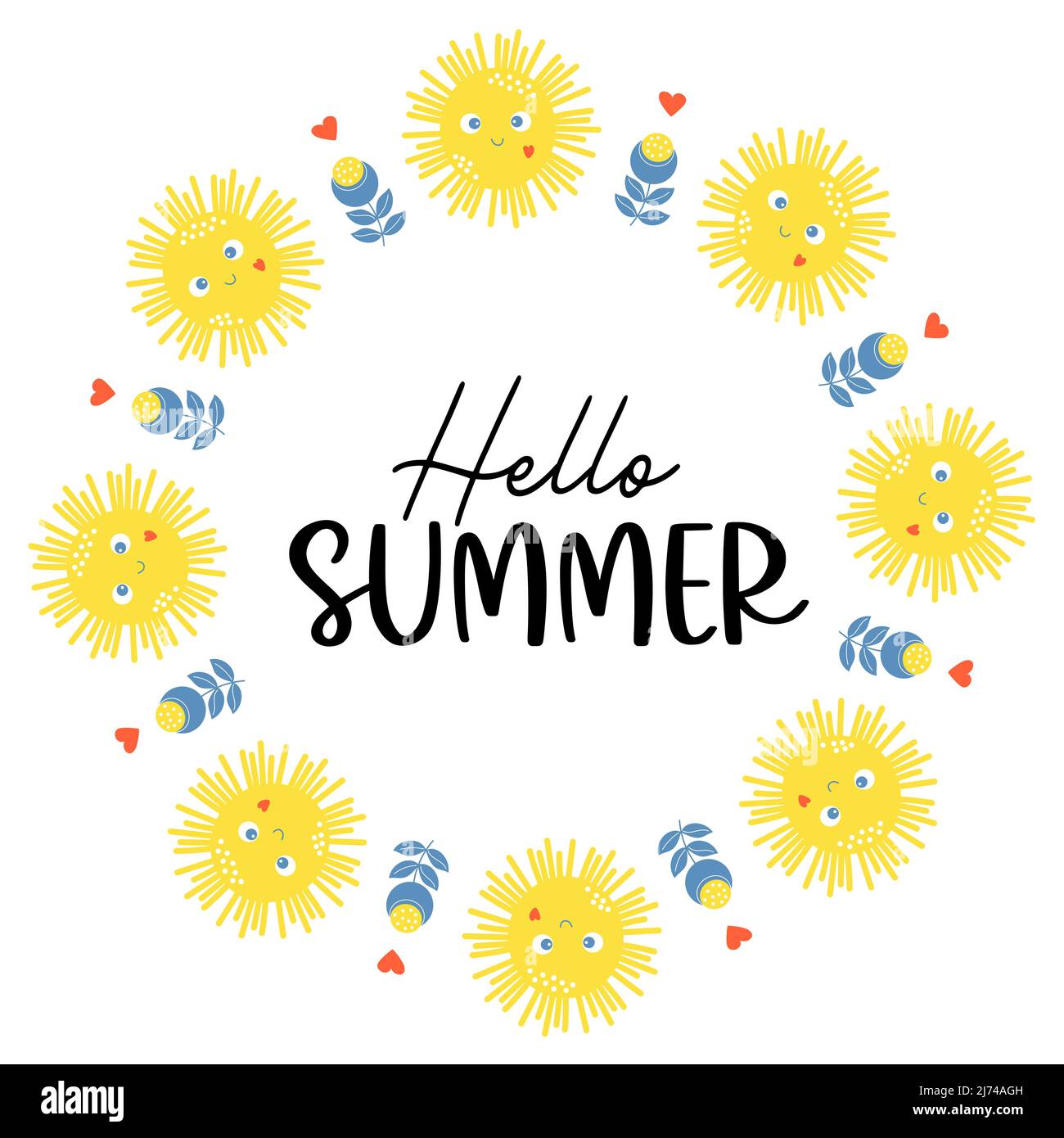 Hello summer. Round Postcard-frame with cute sun and blue-yellow ...