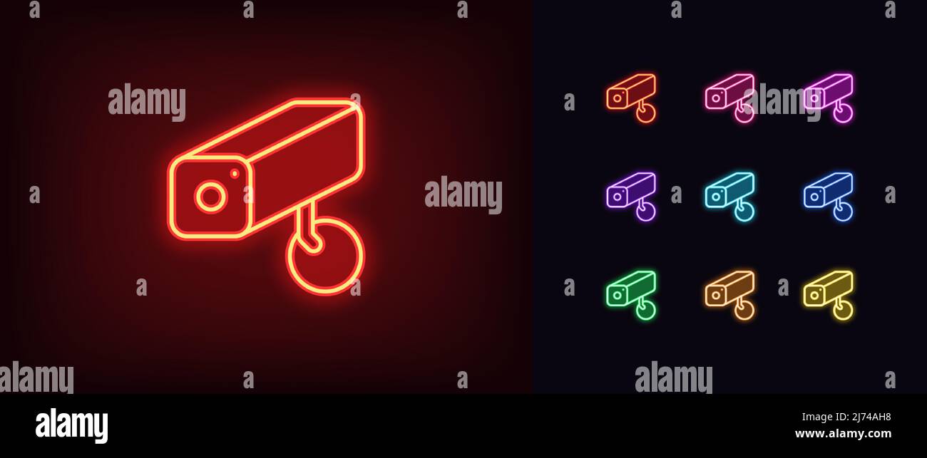 Outline neon surveillance camera icon. Glowing neon Security camera ...