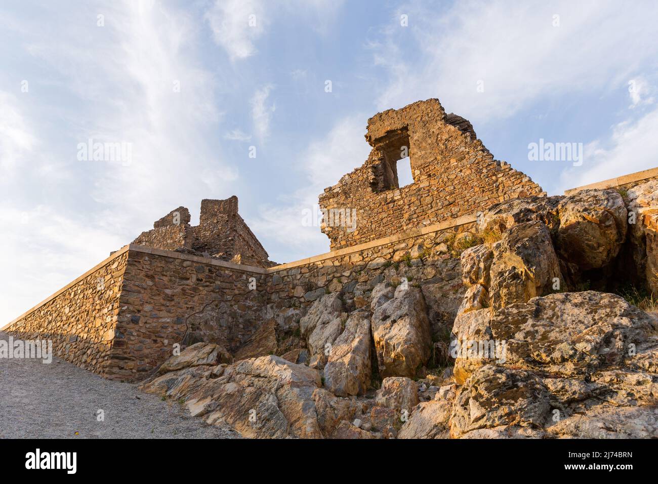 Stone tower of the old castle in the ancient town of Castelo Rodrigo in ...