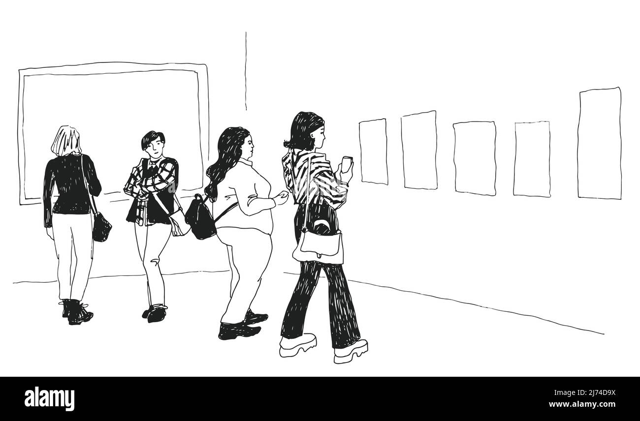 Sketch People at Art gallery or museum exhibition looking at paintings ...