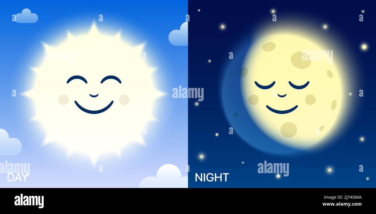 Day and night cartoon vector illustration with smiling sun and sleeping ...