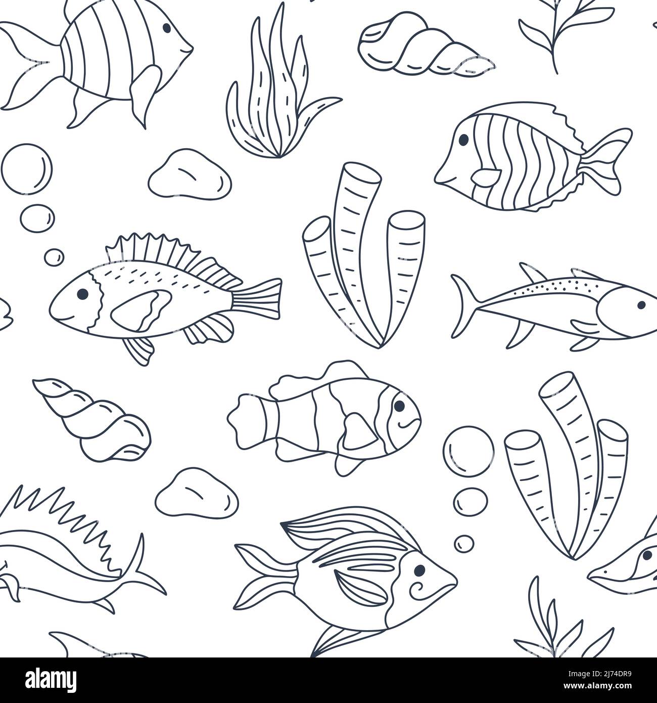 Marine underwater seamless pattern with fish and algae. Background ...