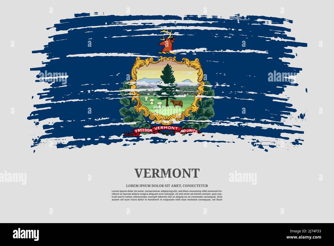Vermont US flag with brush stroke effect and information text poster ...
