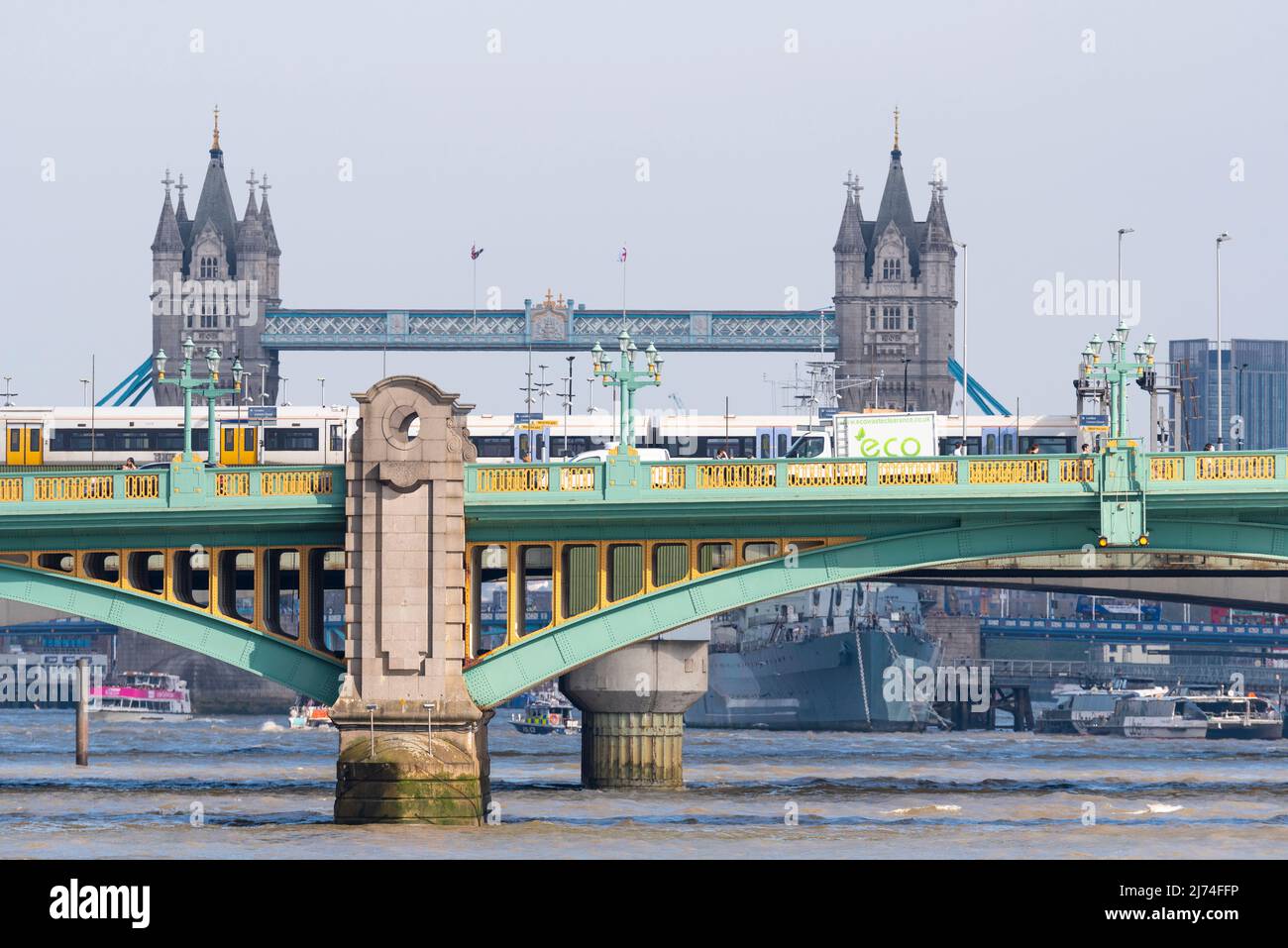 Bridges and transport across the River Thames in London, UK. Southwark ...