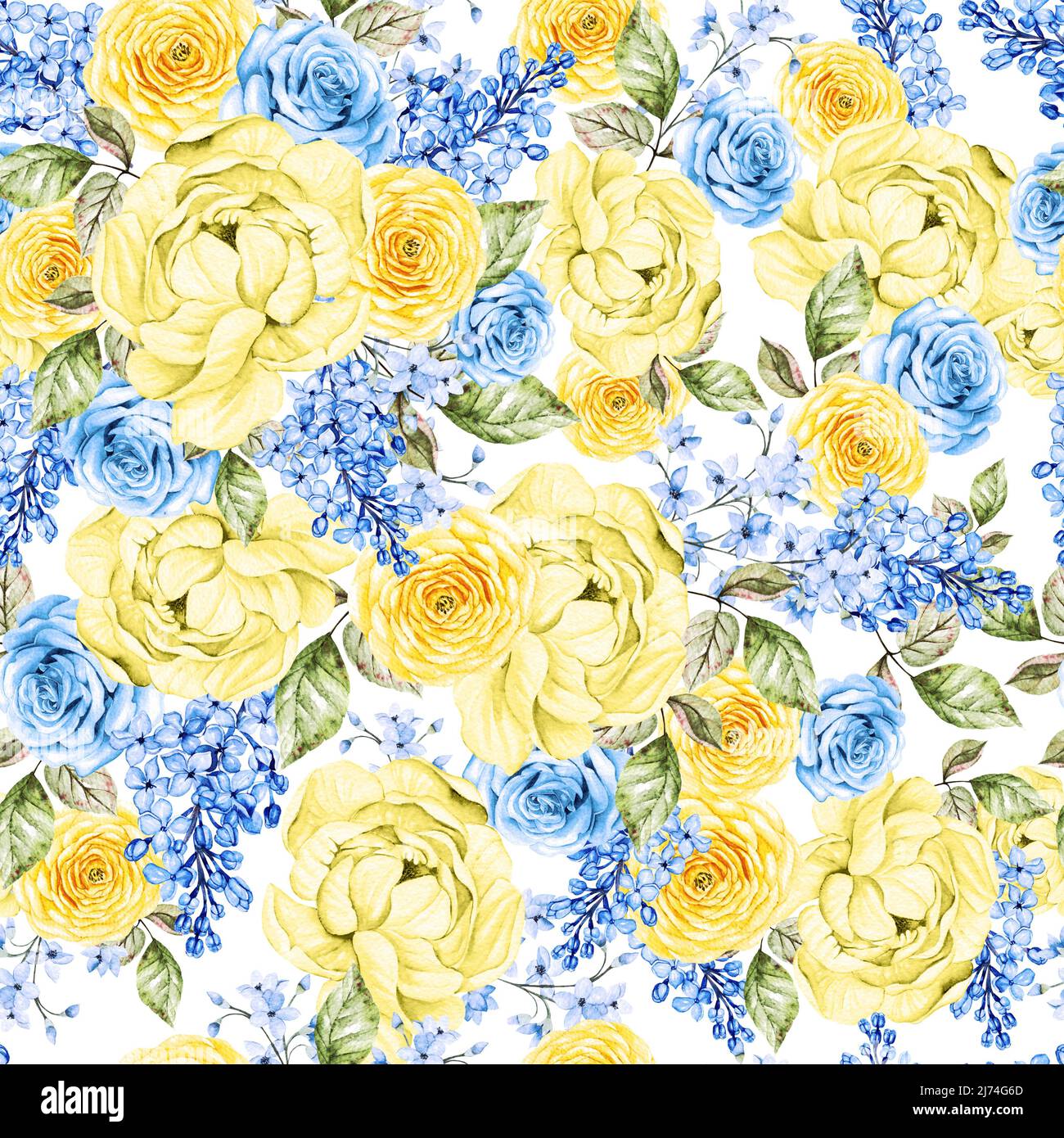 Watercolor seamless pattern with yellow and blue flowers. Illustration ...
