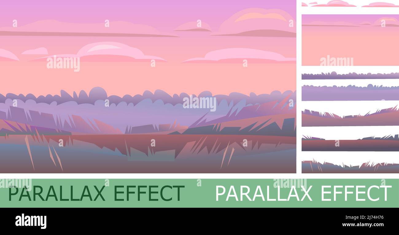 Evening landscape with parallax effect. Rural countryside beautiful ...