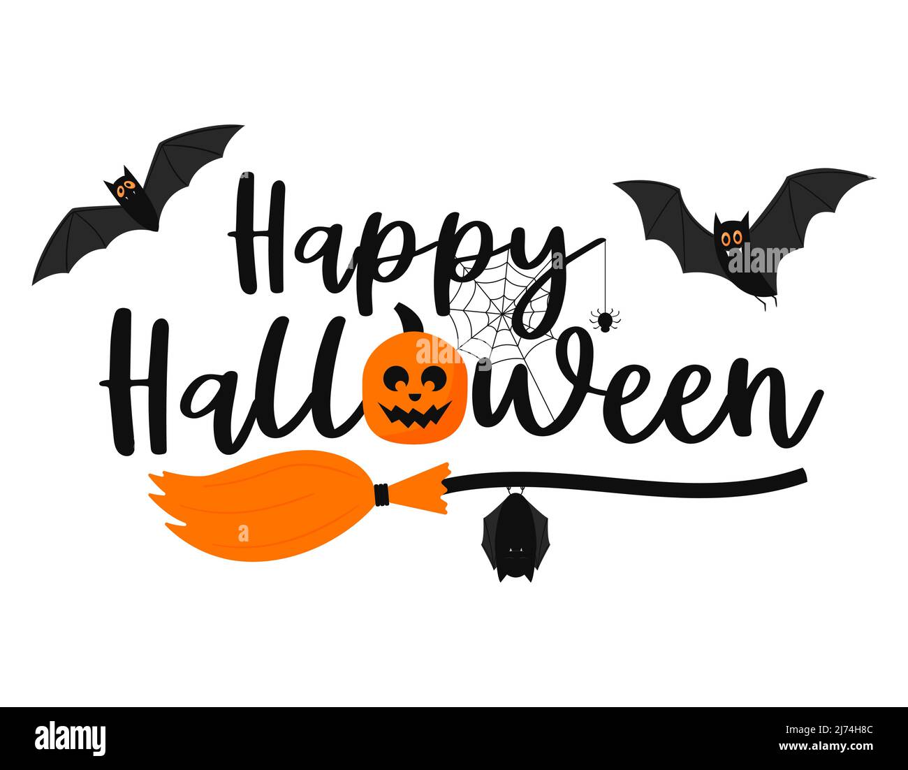 Handwritten words of Happy Halloween with a broom, bats, cobwebs ...