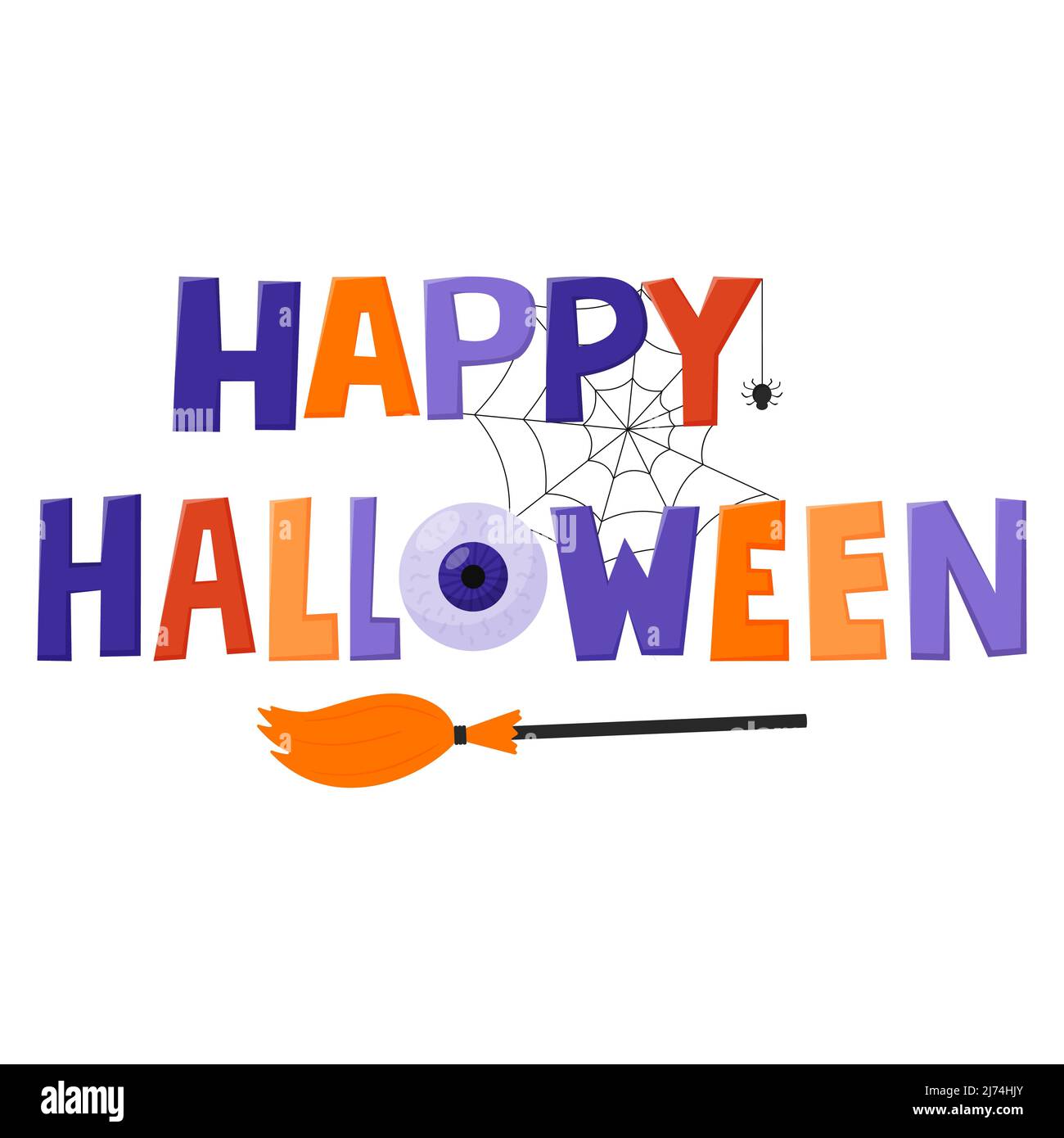 Hand-drawn words of Happy Halloween. An inscription with a web, a ...