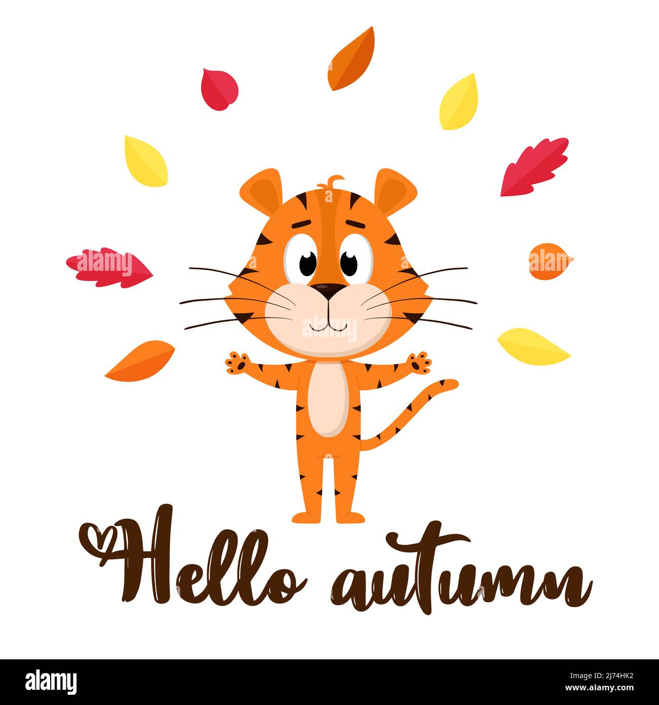 Cute cartoon tiger tosses autumn colorful leaves. A postcard with an ...