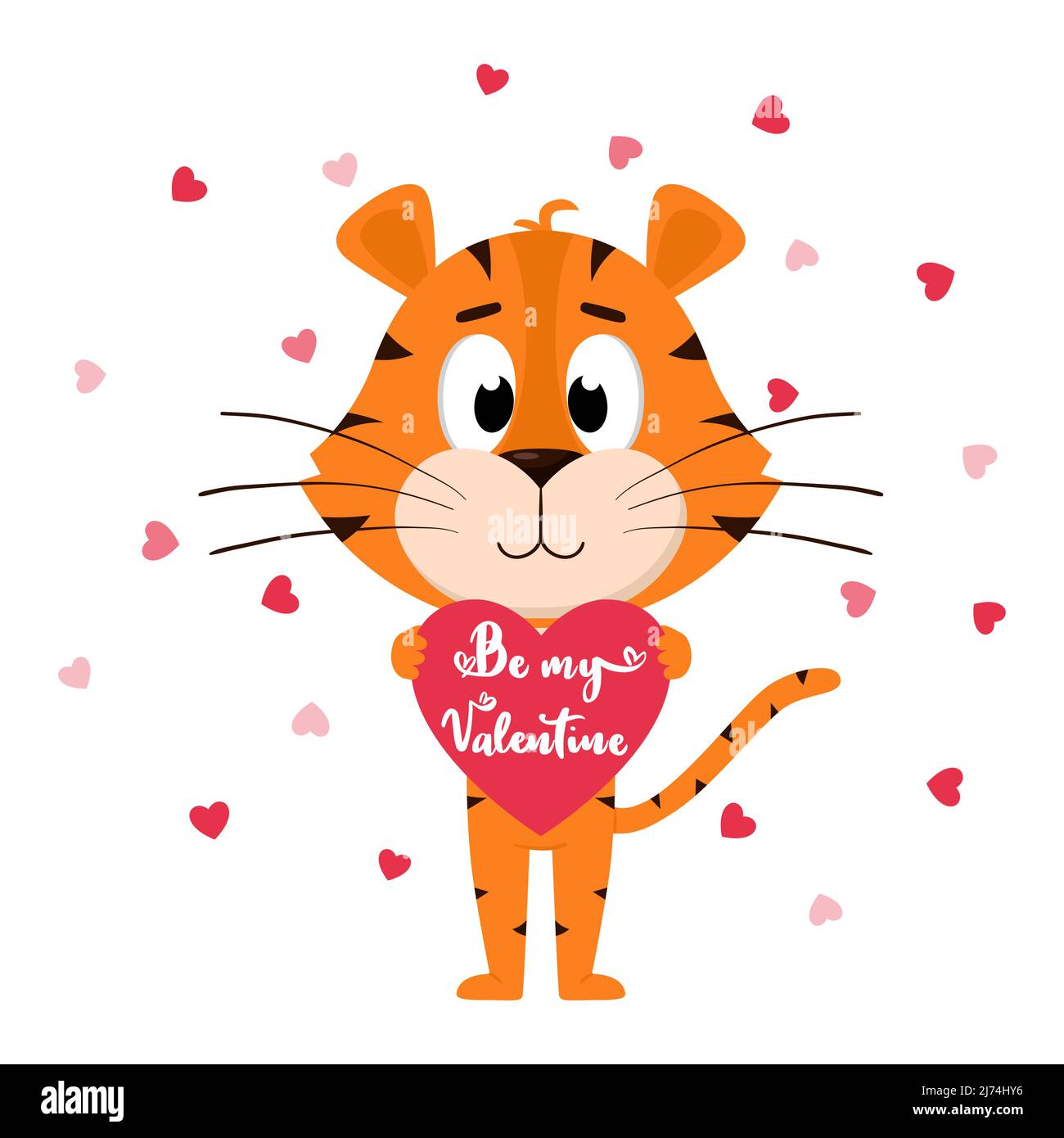 A cute cartoon tiger holds a heart with the inscription Be my Valentine ...