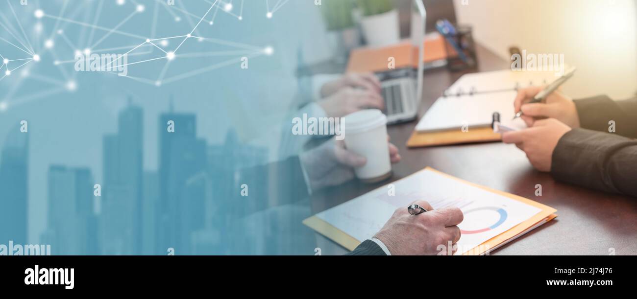 Group of three people working together. teamwork concept; panoramic ...