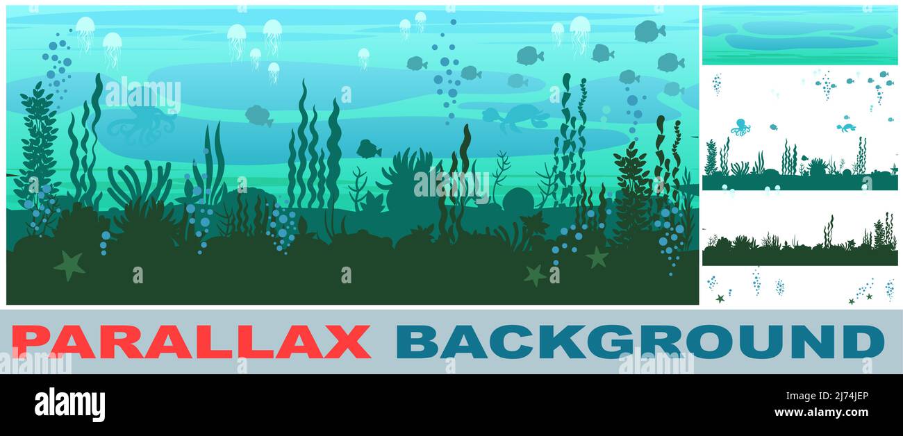 Bottom of reservoir with fish. Set parallax effect. Silhouette. Blue ...